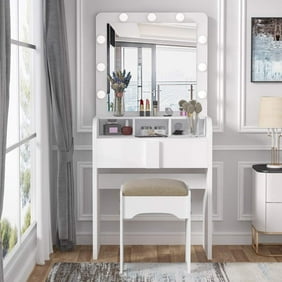 Angel Line Ella Vanity Table and Stool Set w/ Tri-Folding Mirror, Gray ...