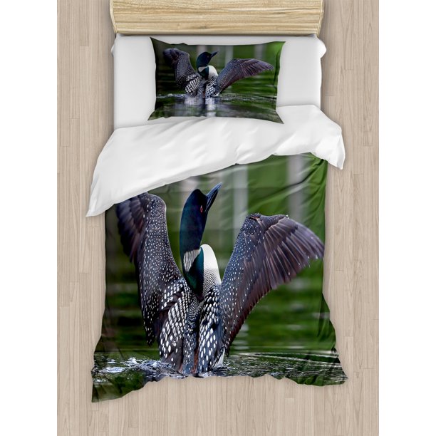 Loon Duvet Cover Set Twin Size, Real Image of a Common Loon Spreading ...