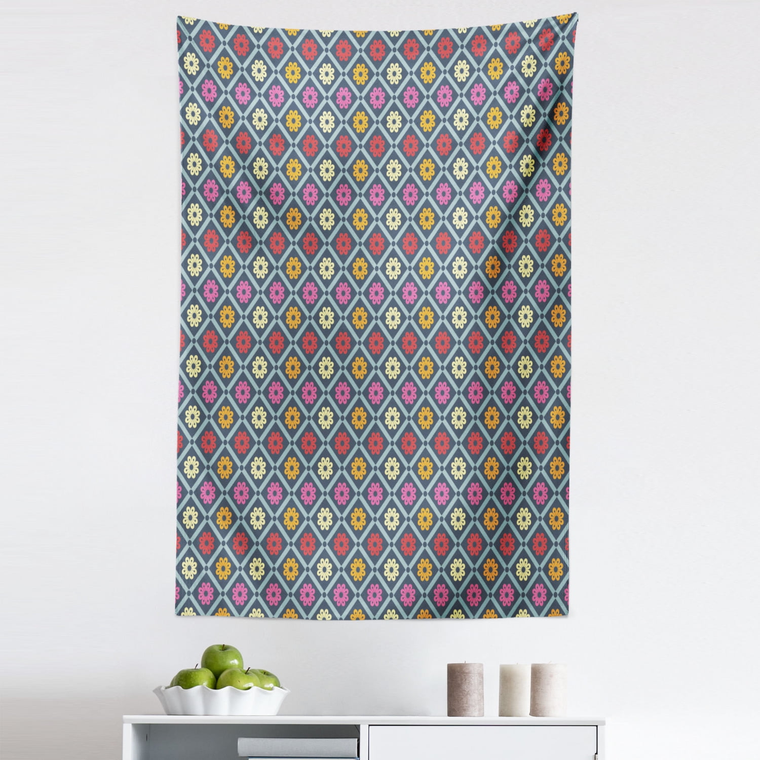 Colorful Tapestry, Diagonal Checkered Pattern with Daisy Blossoms ...