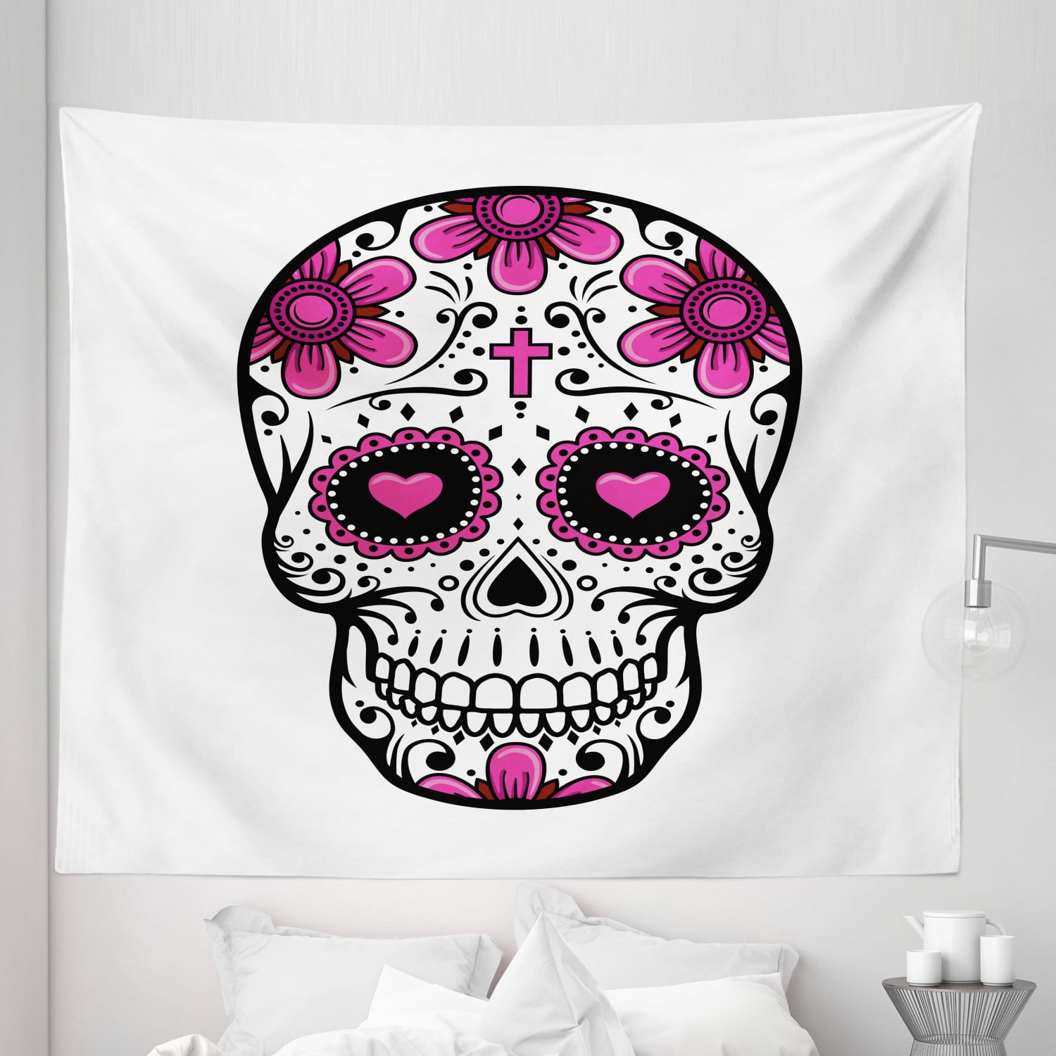 Sugar Skull Tapestry, Flowers and Hearts Swirls Cruciform Gothic ...