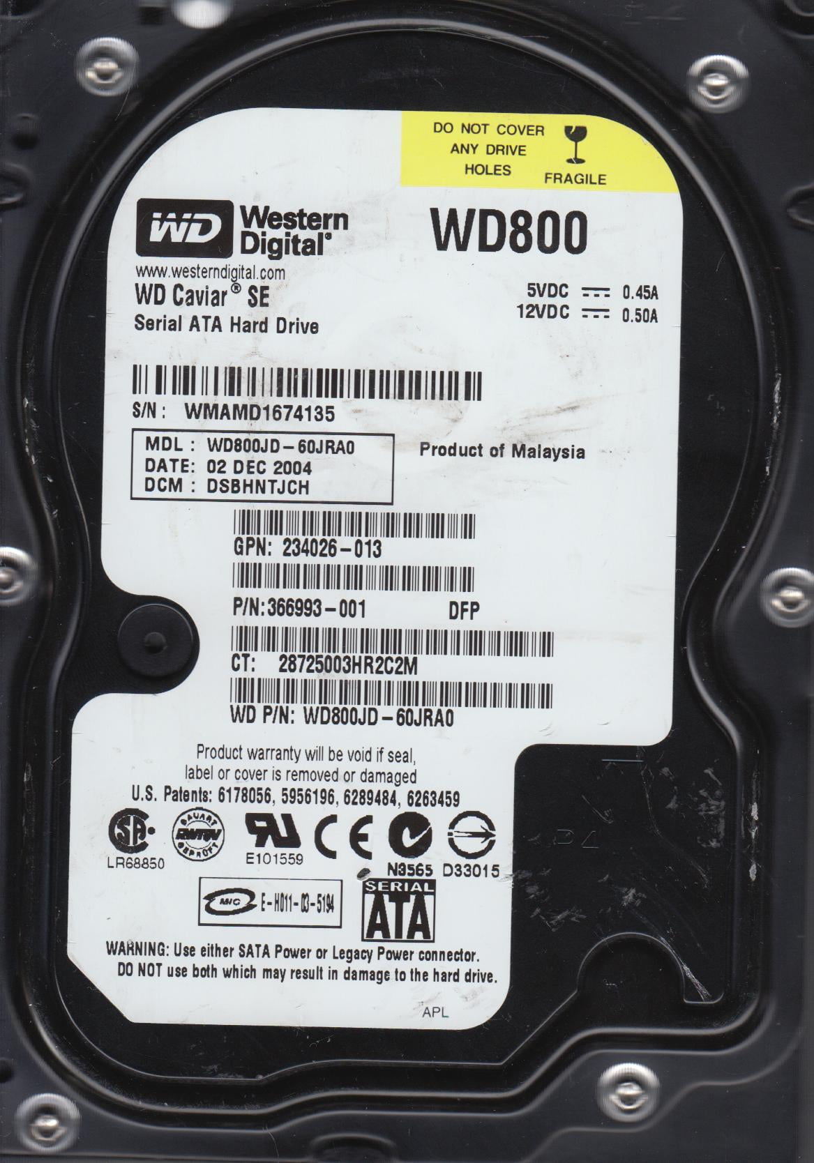 WD800JD-60JRA0, DCM DSBHNTJCH, Western Digital 80GB SATA 3.5 Hard Drive ...