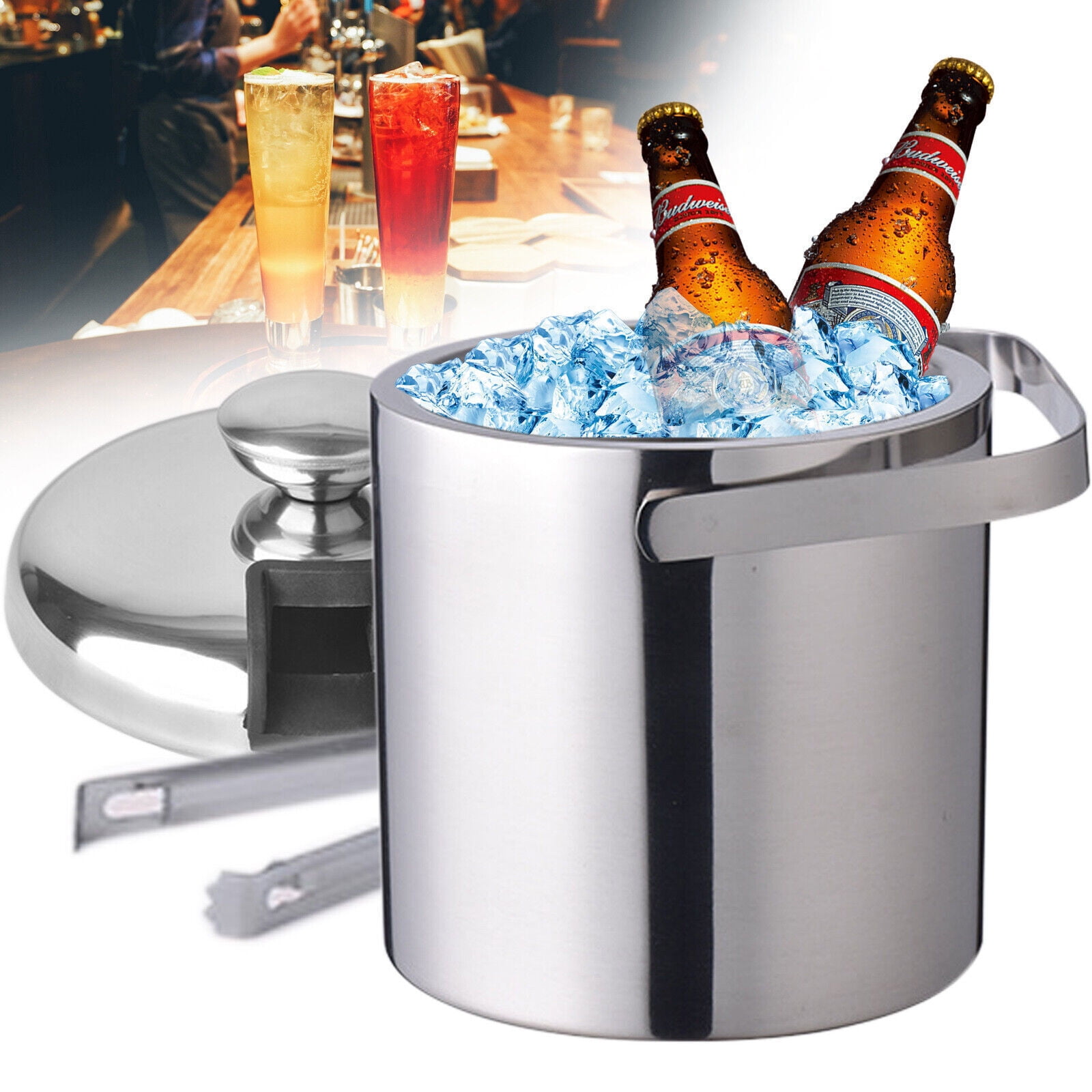 Ice Bucket with Lid Strainer Tongs Ice Cube Container, 1.3 L Stainless ...