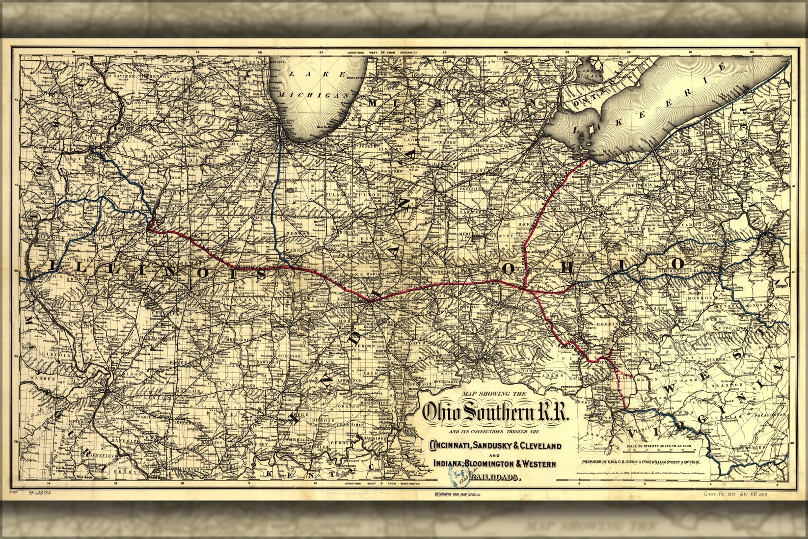 24"x36" Gallery Poster, Map of Ohio Southern Railroad Cincinnati 1881 ...