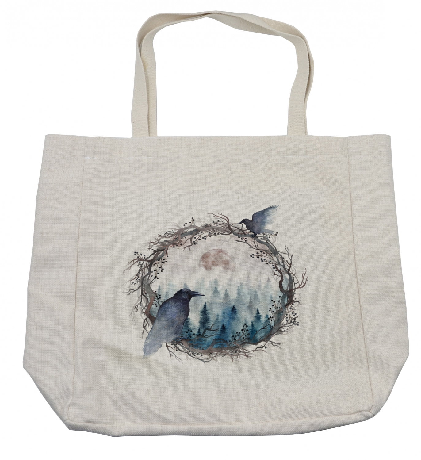 Nature Shopping Bag, Foggy Forest Crow Full Moon Watercolor Bare ...