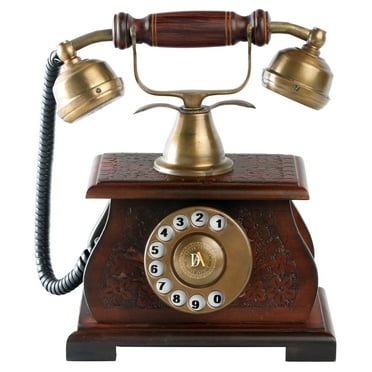 Vintage Style Rotary Dial Corded Phone, Wooden Base with Brass Accents ...