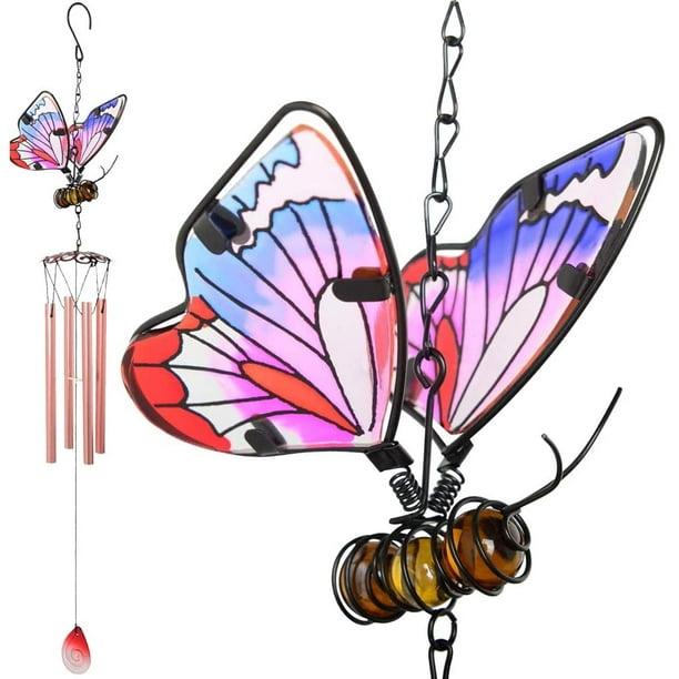 SAYDY Butterfly Wind Chimes, 27.5''H Iron Stained Glass Butterfly Wind ...