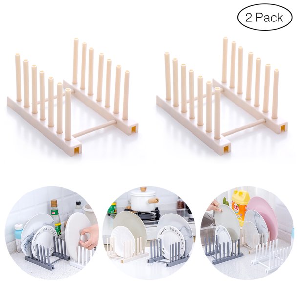 Codream 2 pcs Bamboo Dish Plate Bowl Cup Book Pot Lid Cutting Board Drying Rack Stand Drainer ...
