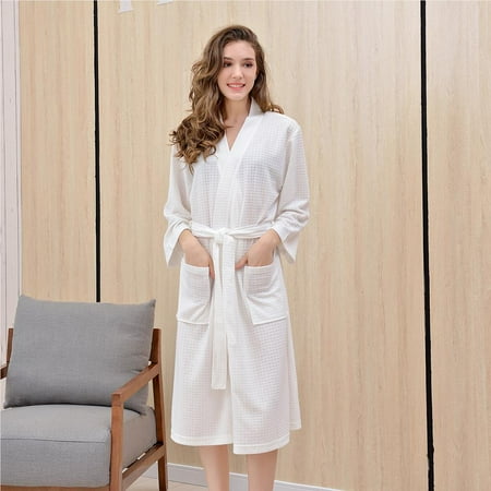 Bath Robe White Kimono Waffle Polyester with Side Waffle Robe Pockets ...