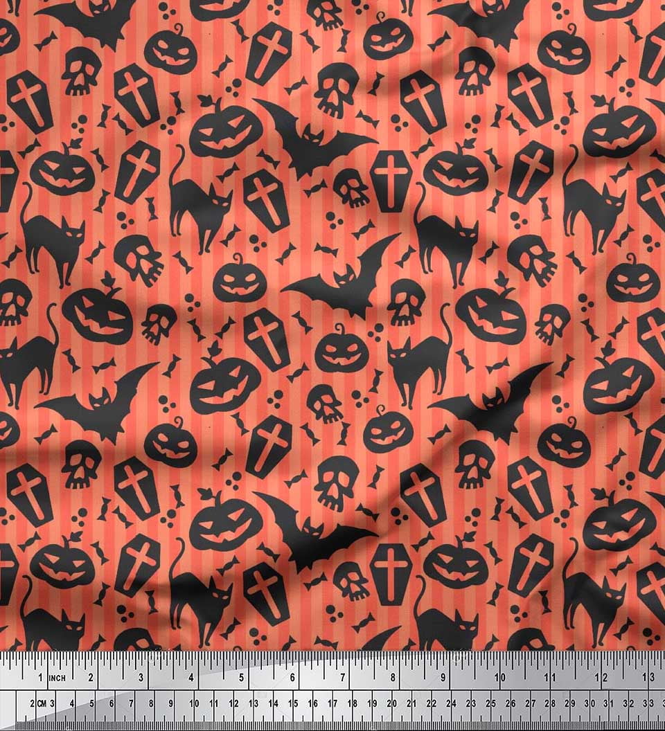 Soimoi Modal Satin Fabric Stripe,Bat & Skull Halloween Print Fabric by ...