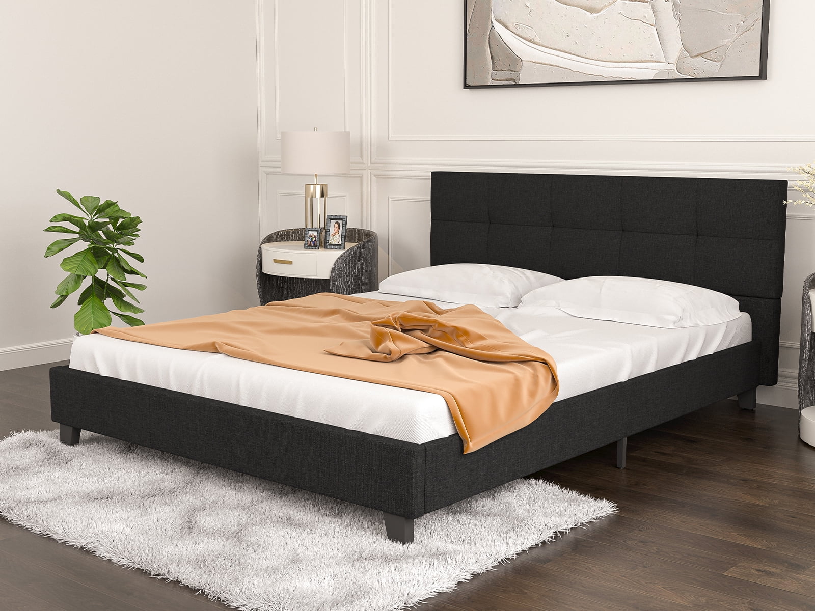 Mecor Upholstered Linen Platform Queen Size Bed Metal Frame - with ...