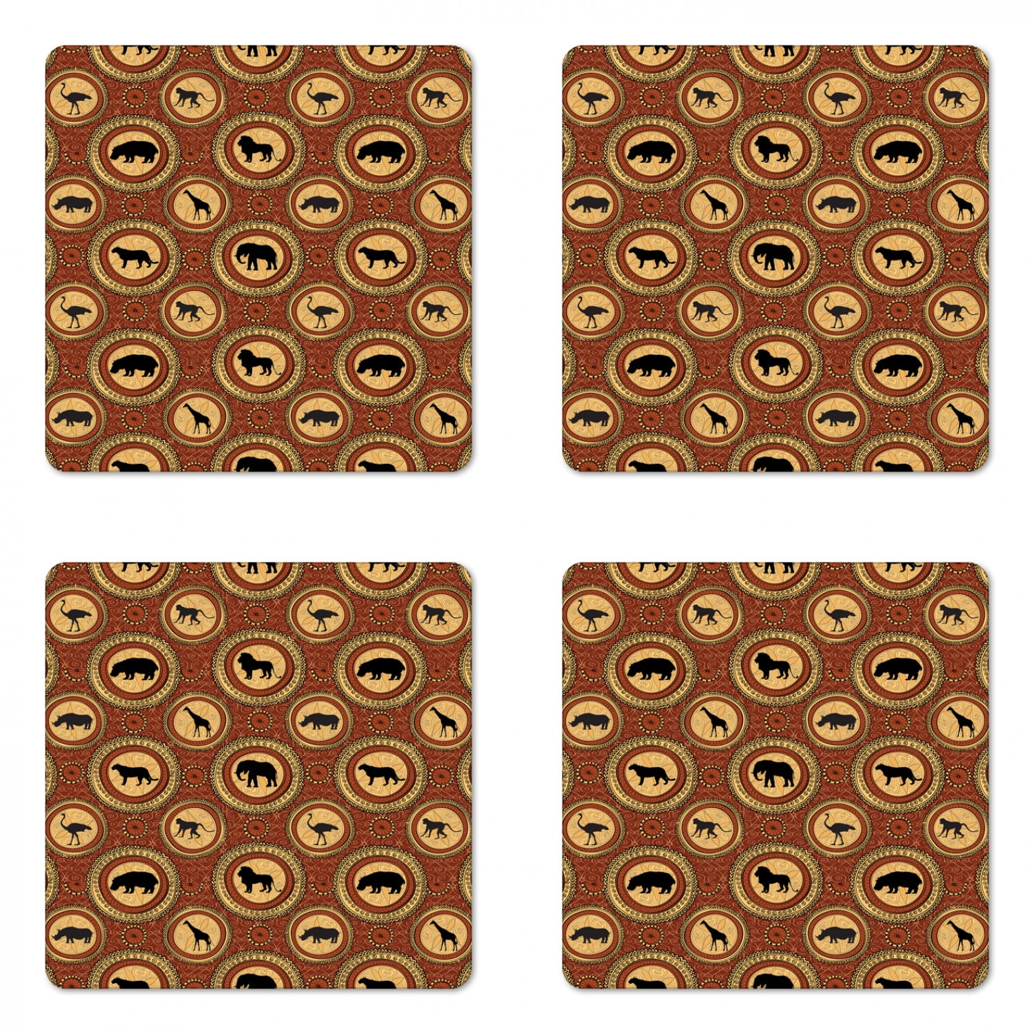Safari Coaster Set of 4, Medallion Pattern of Monkey Giraffe Elephant ...