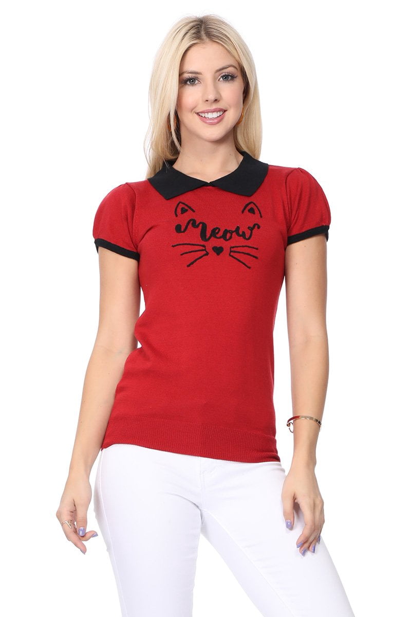 YEMAK Women's Meow Cat Contrast Collar Short Sleeve Pullover Sweater ...