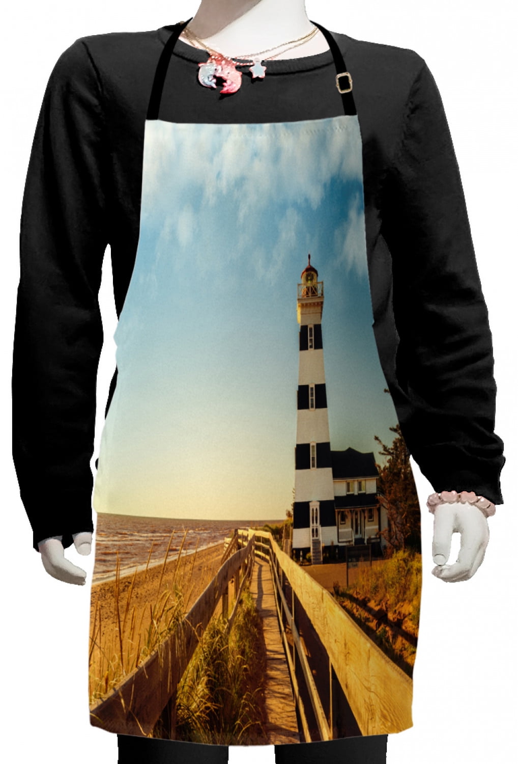 Lighthouse Kids Apron, Sandy Coastal Beach with Lighthouse Sea Waves ...
