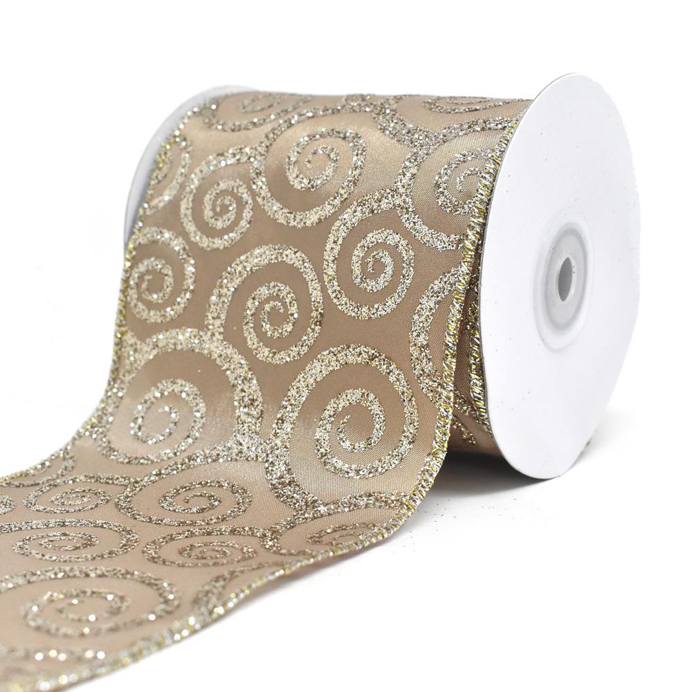 Glitter Swirl Taffeta Wired Edge Christmas Ribbon, Champagne, 4-Inch ...