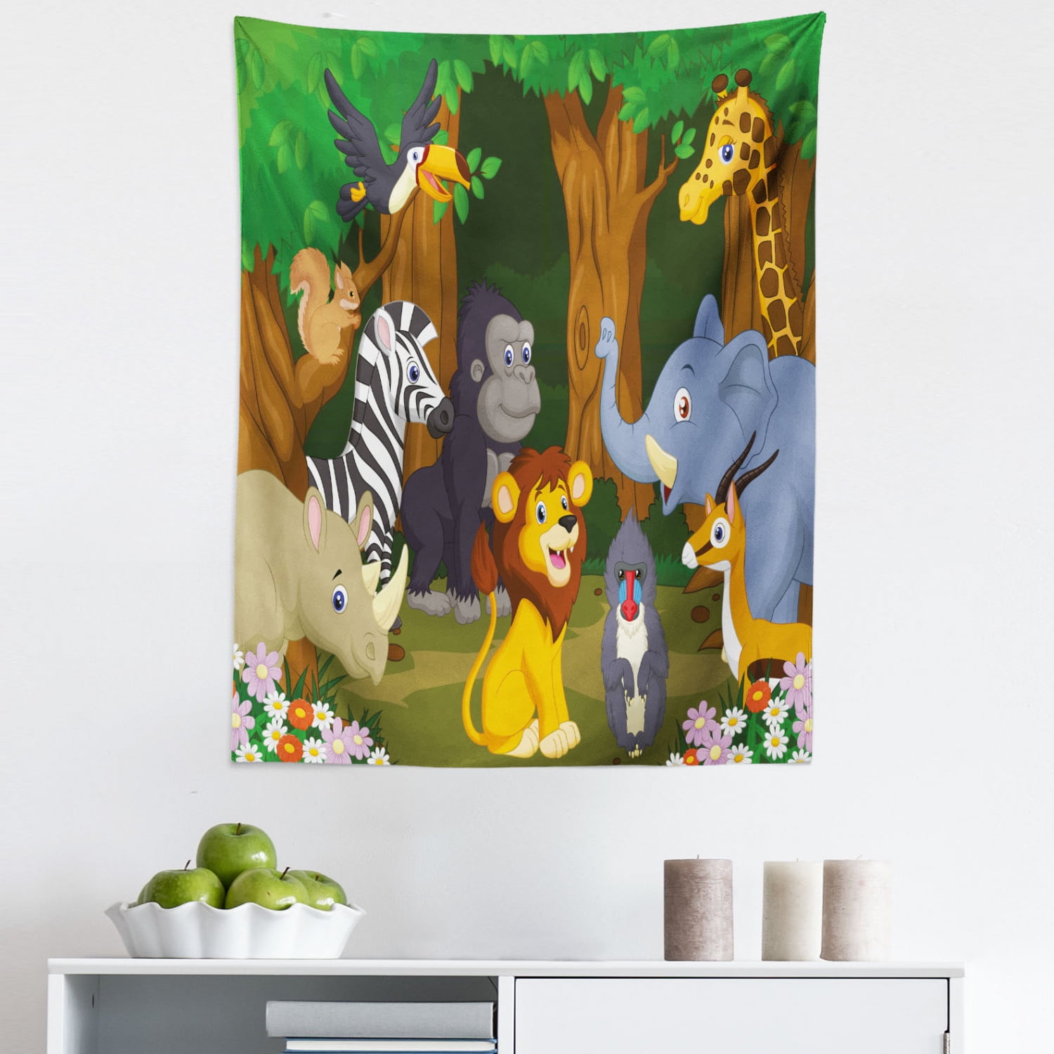 Animal Tapestry, Cartoon Style Gazelle Giraffe Gorilla Lion Animals ...