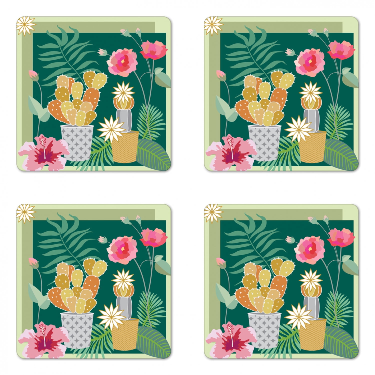 Cactus Coaster Set of 4, Succulent Plants Hibiscus Flowers Palm ...