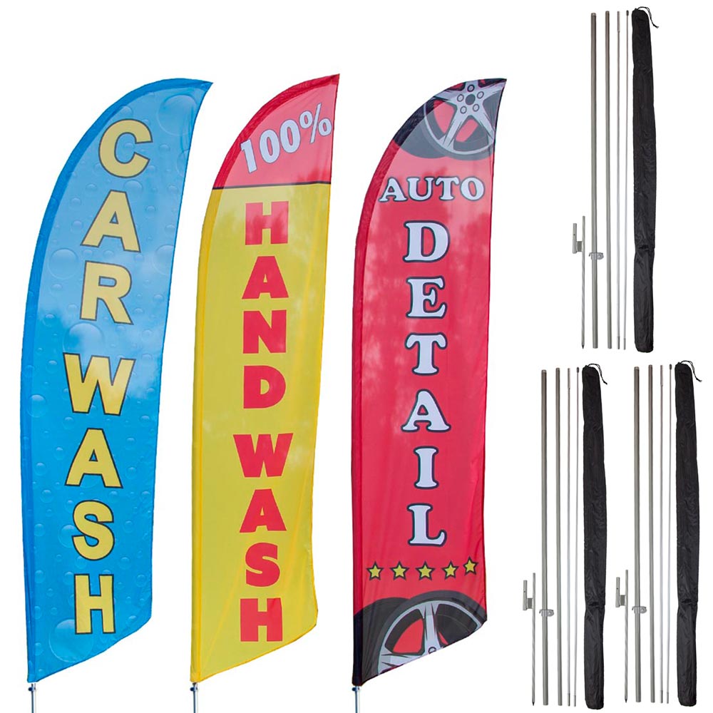 Car Wash Rectangle Feather Banner Flag with Pole Kit and Ground Spike for Car Wash, Auto Detail ...