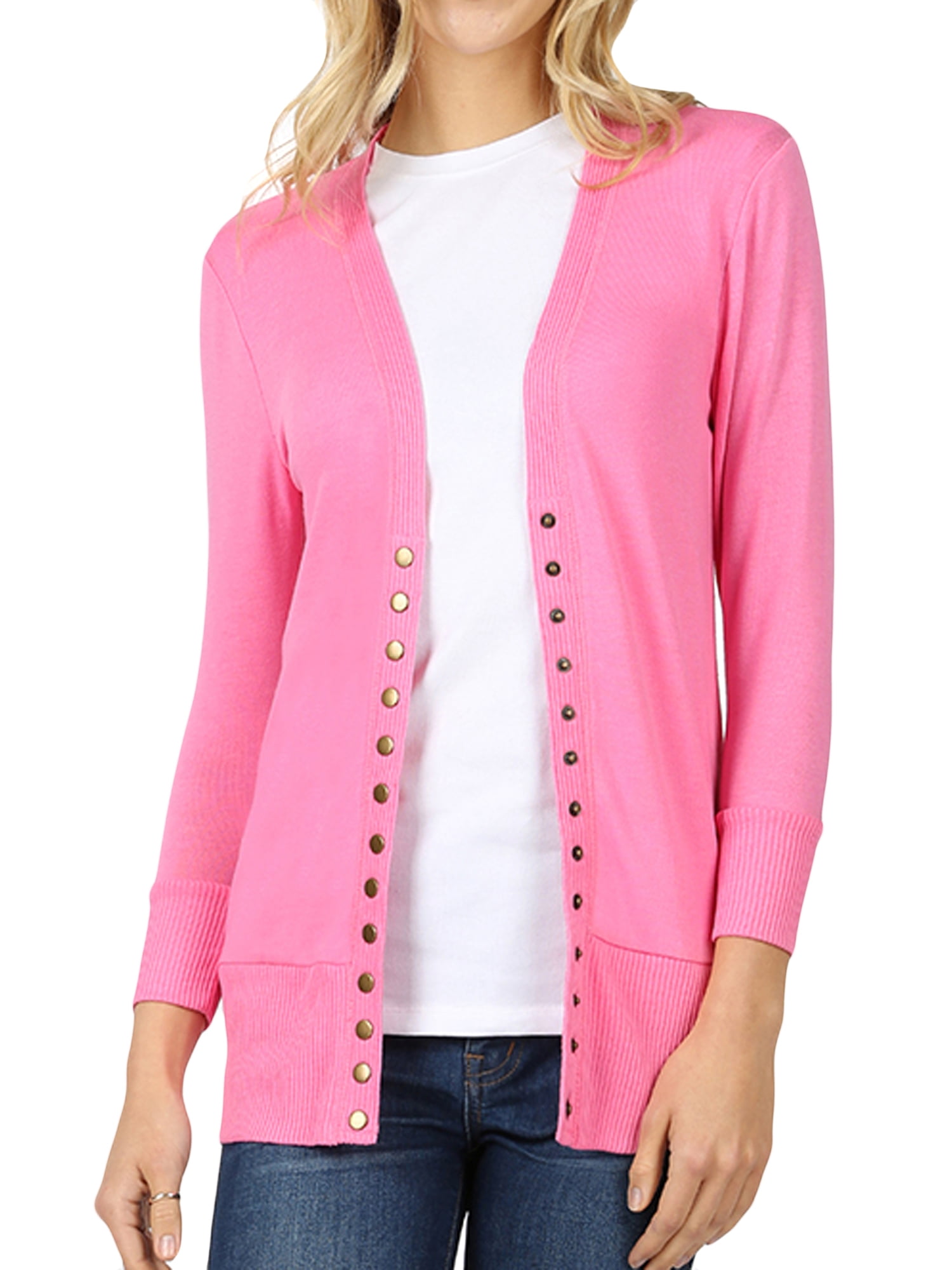 Women Classic Thin Snap Button Front V-Neck Button Down 3/4 Sleeve ...