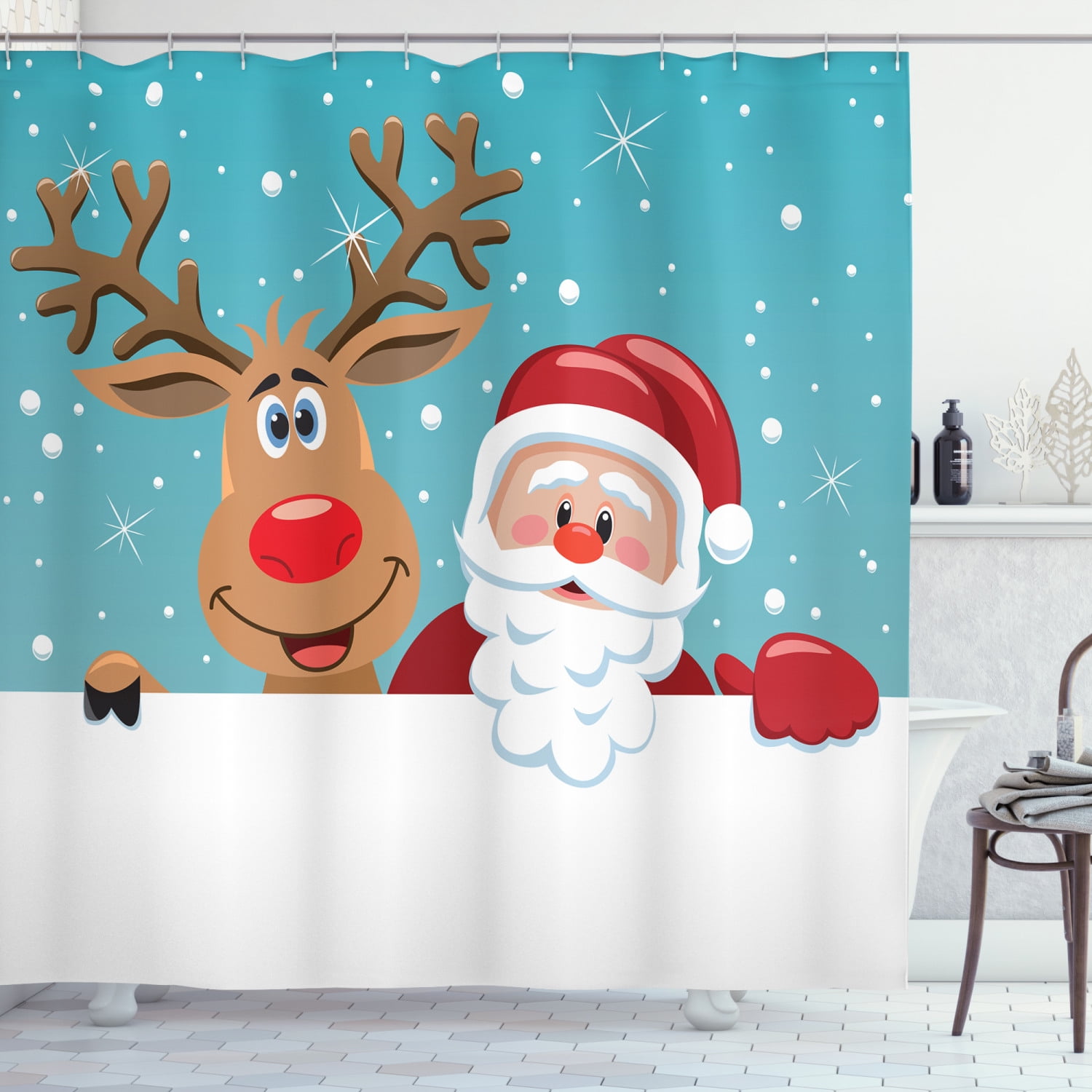 Santa Shower Curtain, Cute Rudolph Deer and Santa Claus Greeting the ...