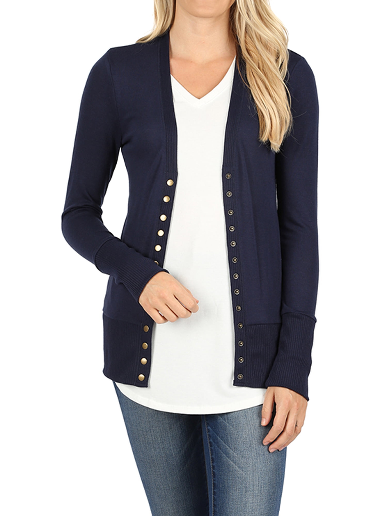 TheLovely Women Classic Thin Snap Button Front V-Neck Button Down Long ...