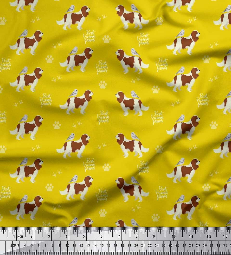 Soimoi Yellow Satin Silk Fabric Bird,Paw & Cocker Spaniel Dog Print ...