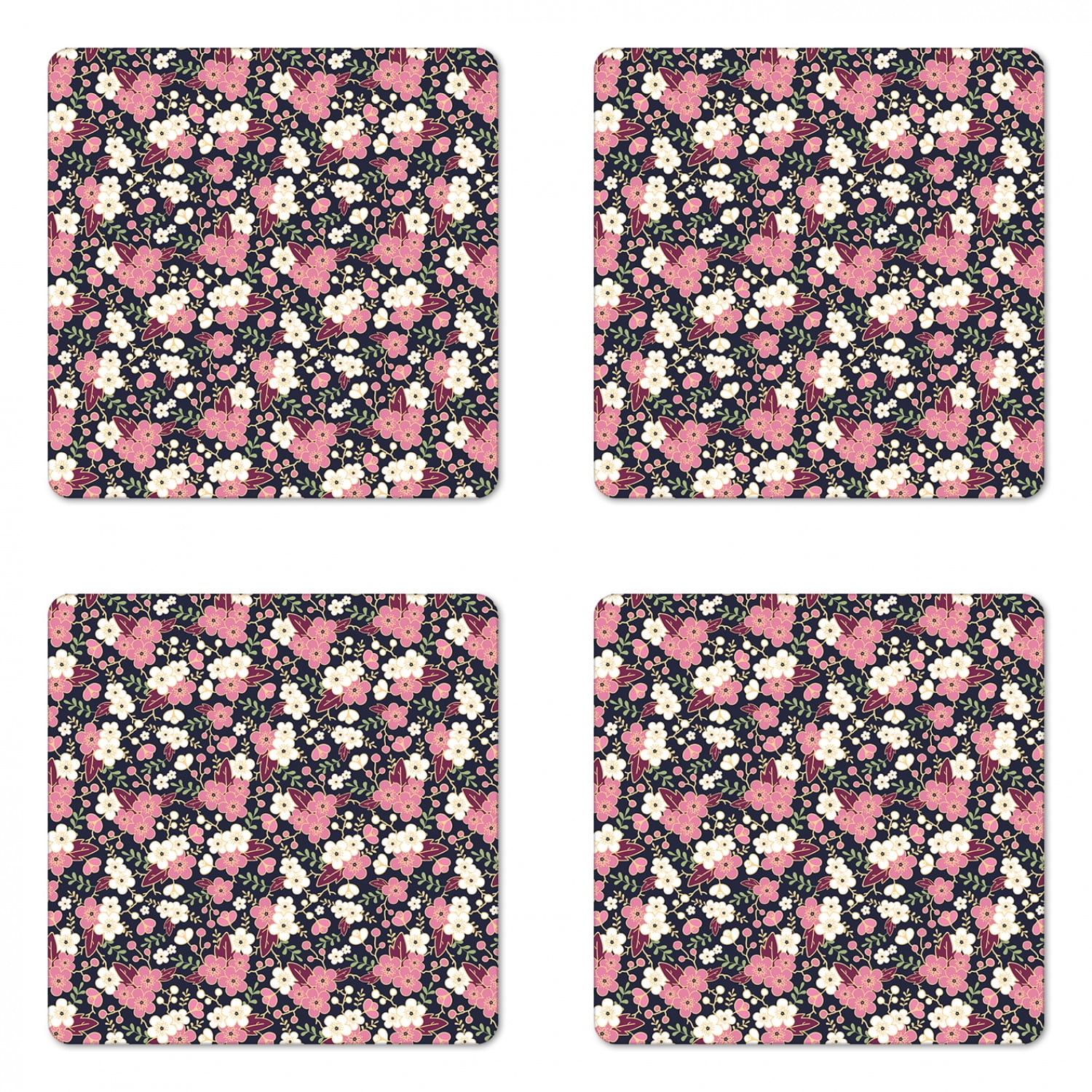 Japanese Coaster Set of 4, Soft Spring Night Garden Pattern with ...