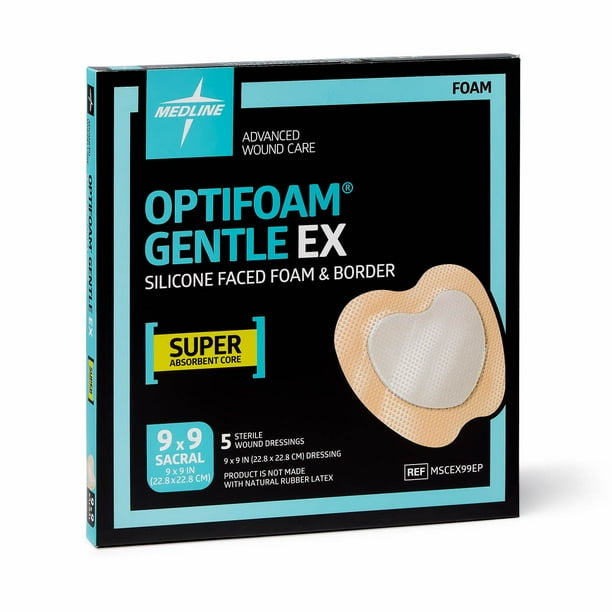 Medline Optifoam Gentle EX Sacral Bordered Foam Adhesive Dressing, 9" x 9", 5 Count - Walmart.com