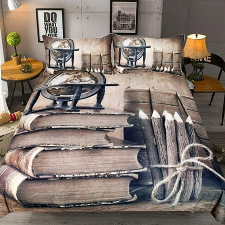 3D Printed Books Bedding Set Globe and Pens Duvet Cover Set Vintage ...