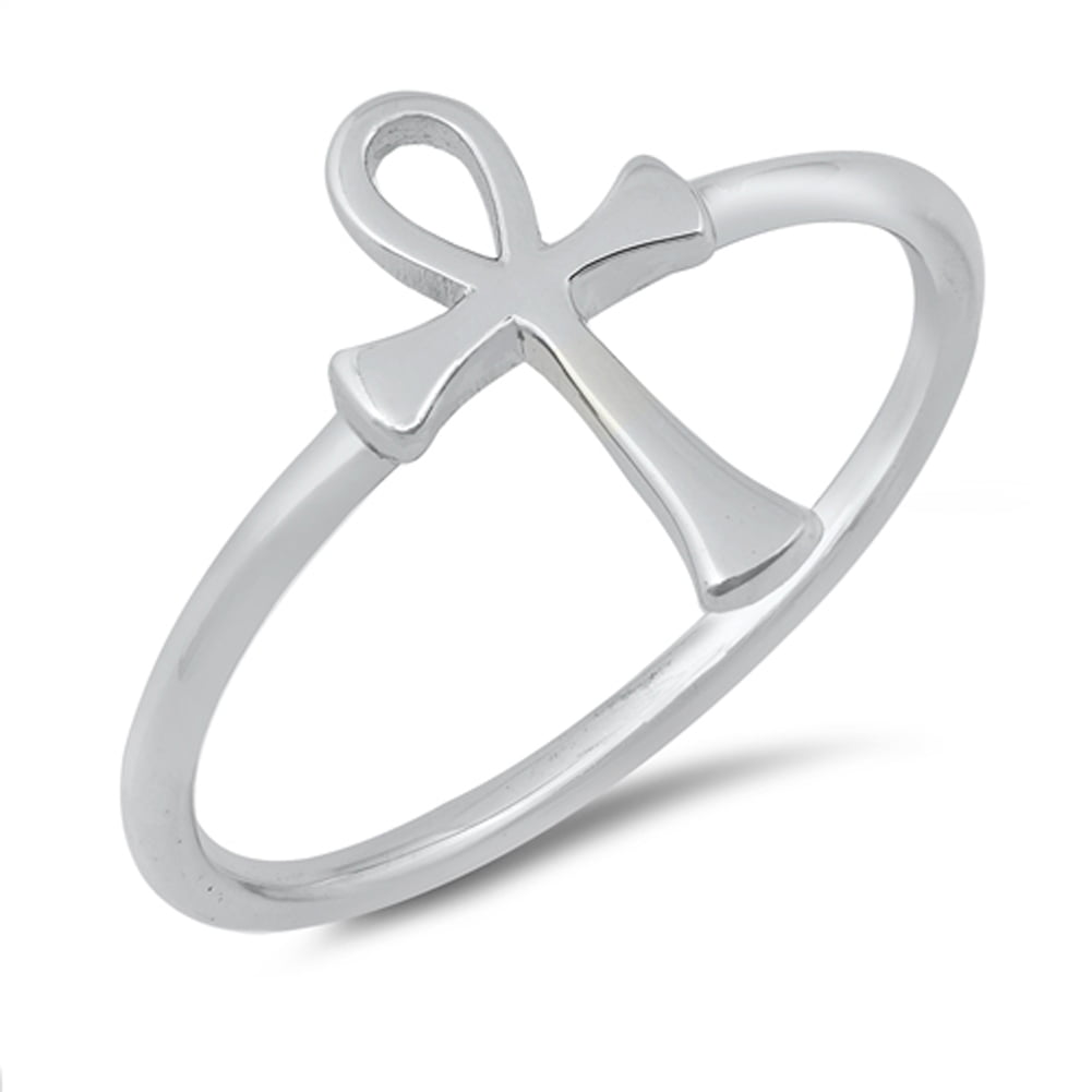 Simple High Polish Ankh Cross Loop Ring .925 Sterling Silver Band ...