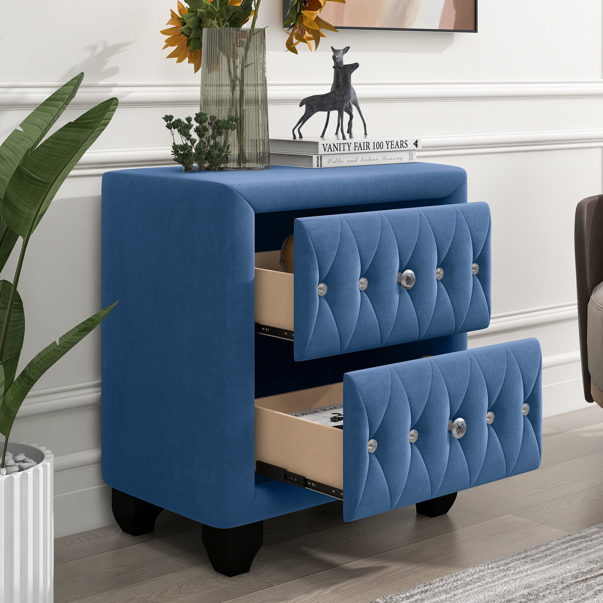 Velvet Upholstered Nightstand with 2 Drawers, Modern Wood Bedside Table ...
