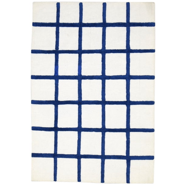 4' X 6' Rug Wool Blue Modern Hand Tufted Scandinavian Plaids Room Size ...