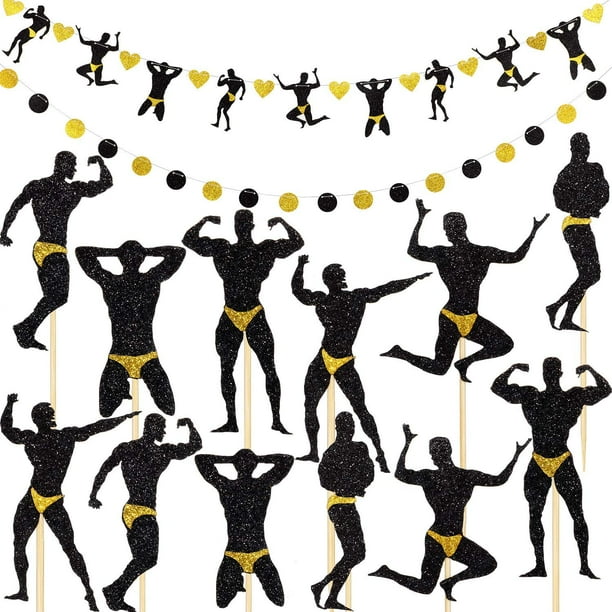 2 Pieces Male Dancers Banner with 12 Pieces Man Cupcake Toppers, Muscle ...