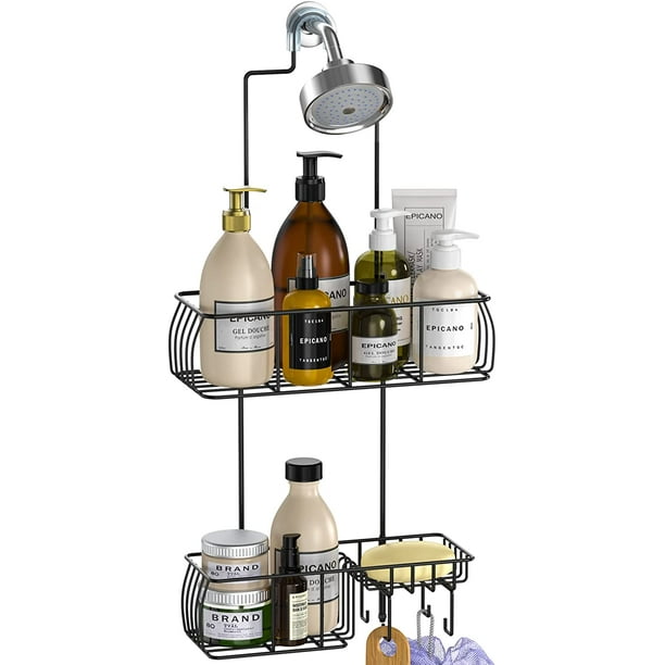 Over the Shower Caddy with Hooks ,2 Shelves with Soap Holder, Black ...