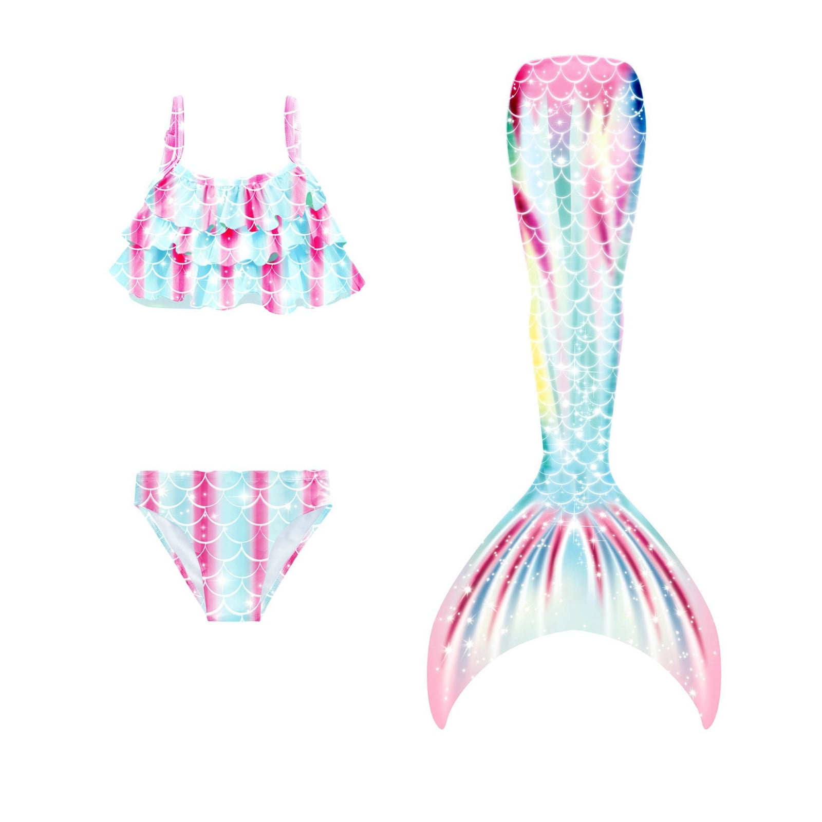 YOUSNH Girls Mermaid Swimsuit Children Ruffle Bikini Fish Tail Kids ...