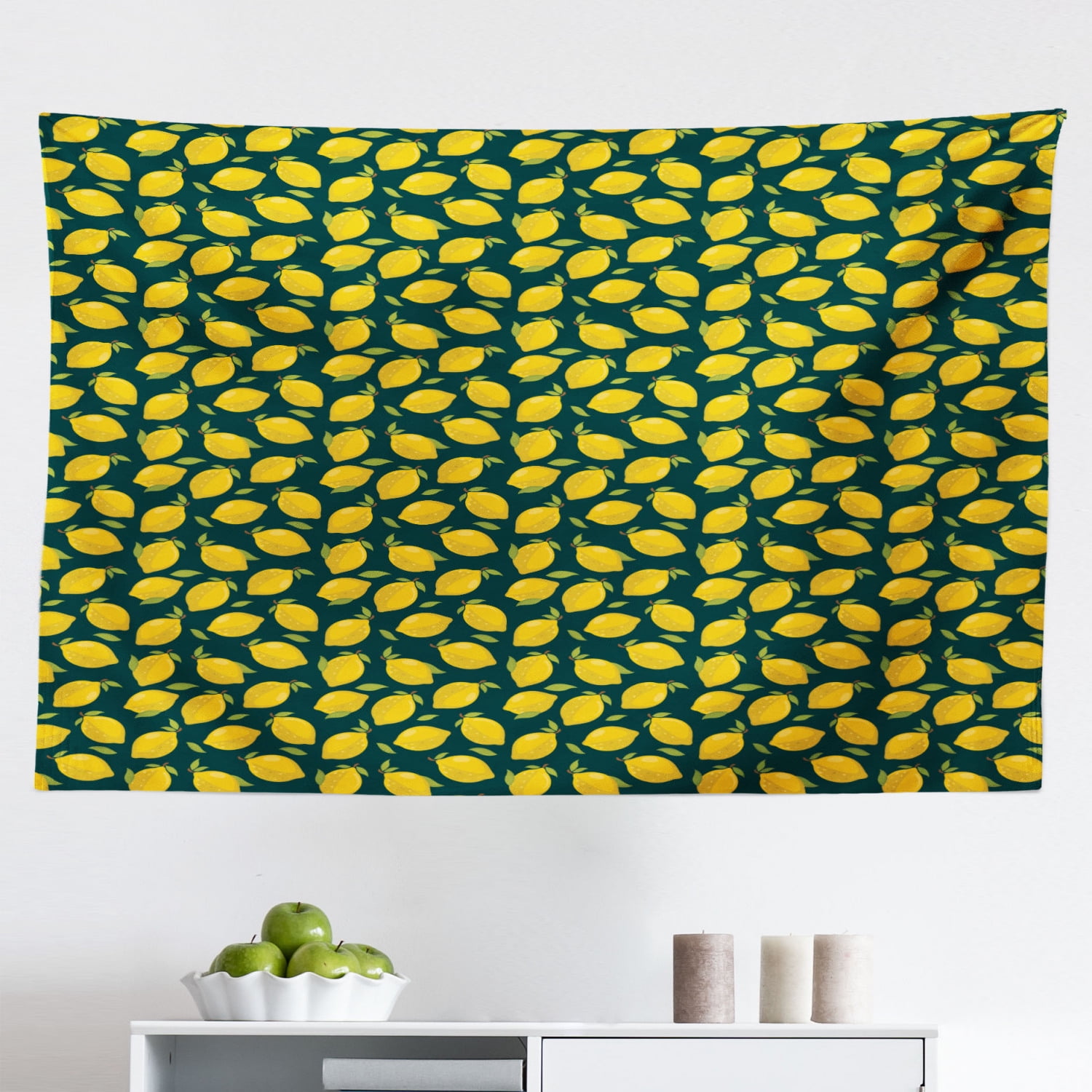Lemons Tapestry, Monochrome Sketch Citrus Fruits Blossom Leaves ...