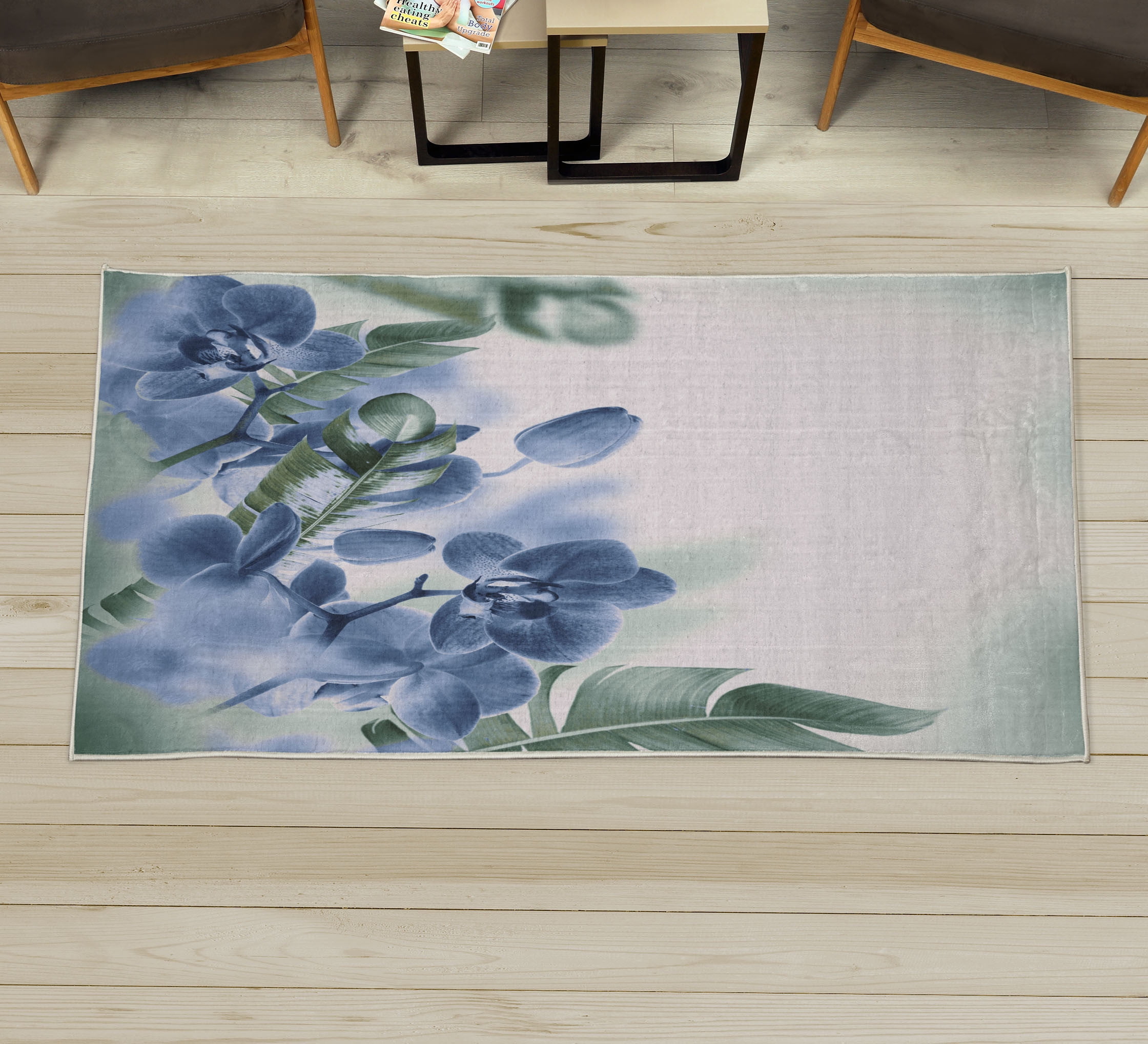 Tropical Decorative Rug, Exotic Orchids Blossom Leaves on Blurred ...