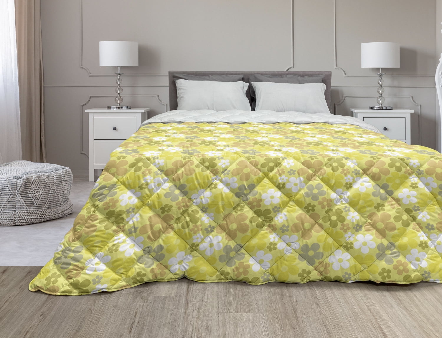 Grey Yellow Down Alternative Comforter, Repeating Motifs Basic Abstract ...