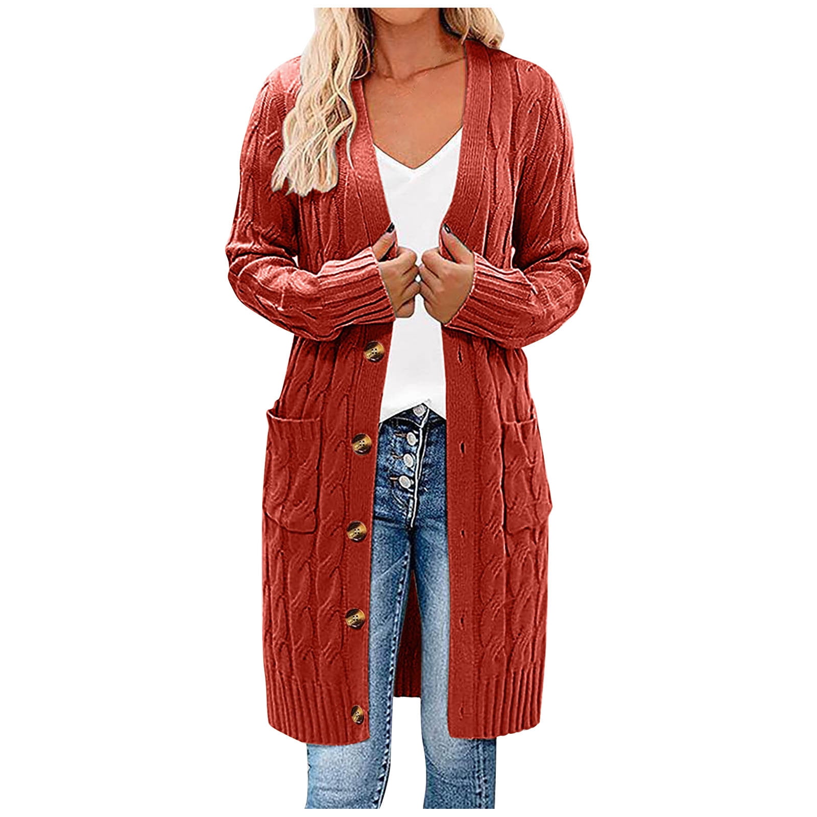 Dezsed Womens Long Sleeve Cable Knit Long Cardigan Open Front Button