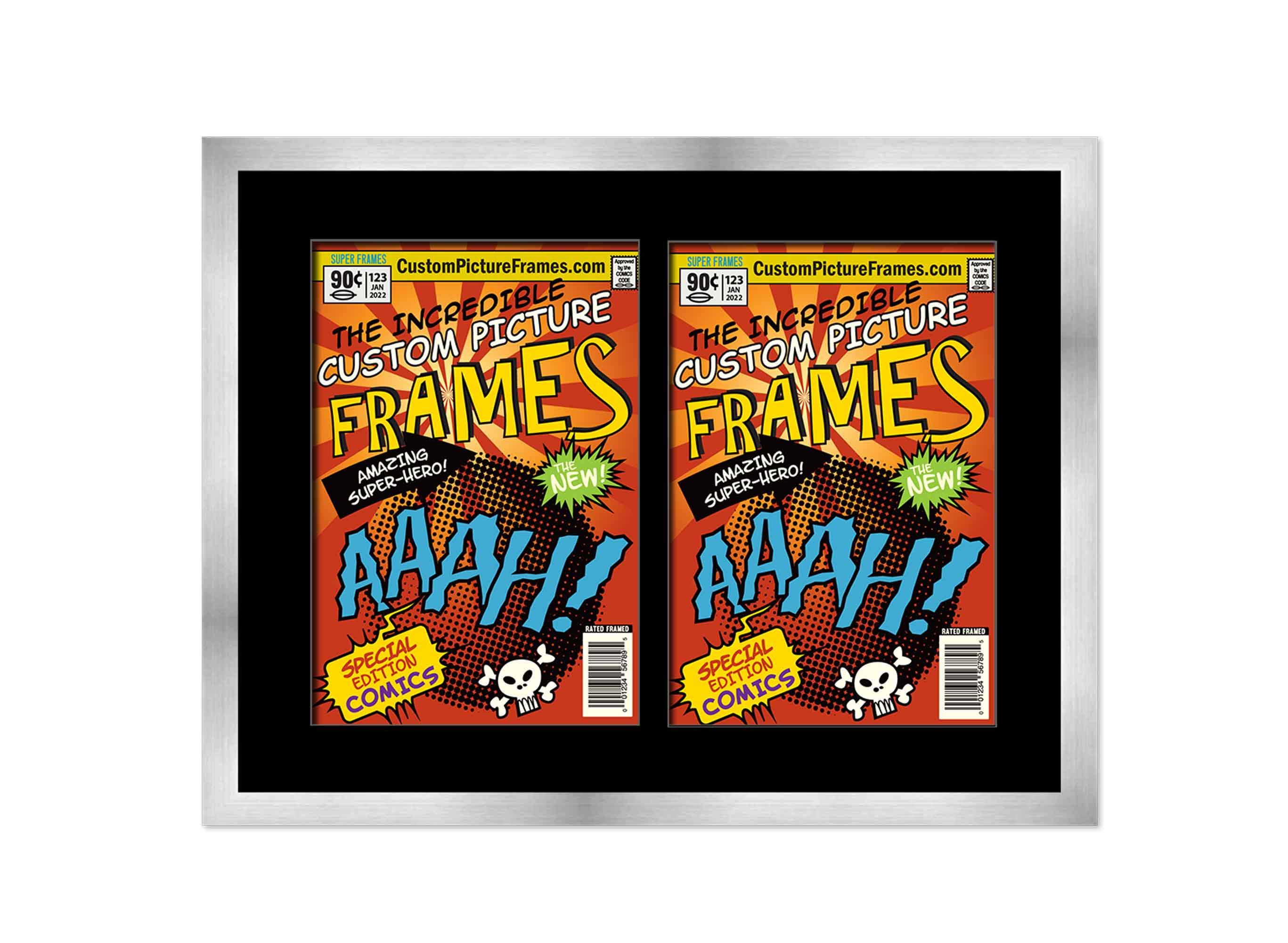 Silver Comic Book Frame with Black Mat - 2 Openings to Display 2 6.875 ...