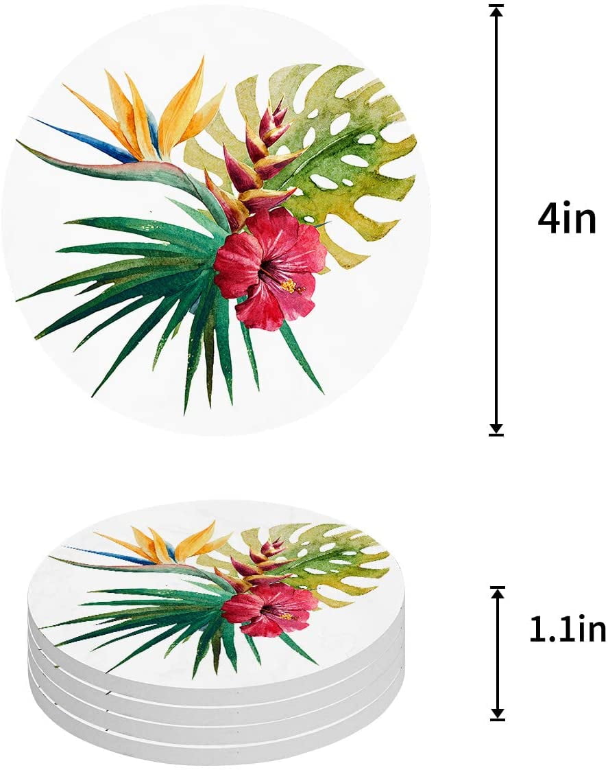 ZHANZZK Tropical Watercolor Plant Flower Set of 4 Round Coaster for ...