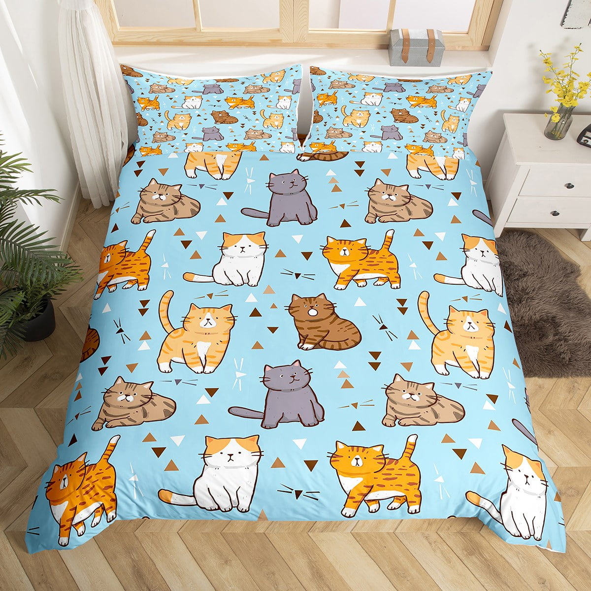 YST Blue Cat Bed Set Kawaii Animal Duvet Cover, Cute Triangles Bedding ...
