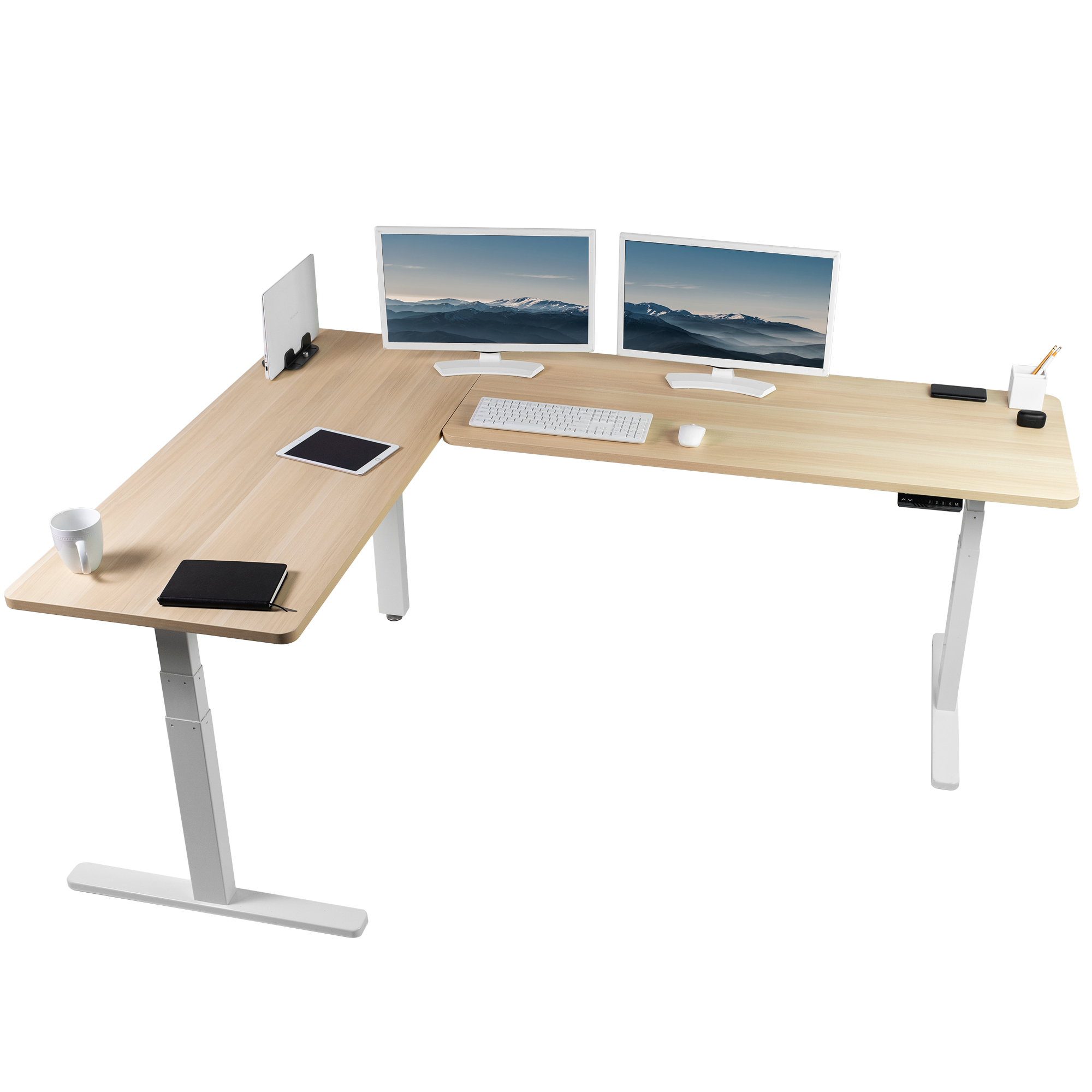 VIVO Electric 83" x 60" Stand Up Corner Desk, Light Wood Table Tops ...