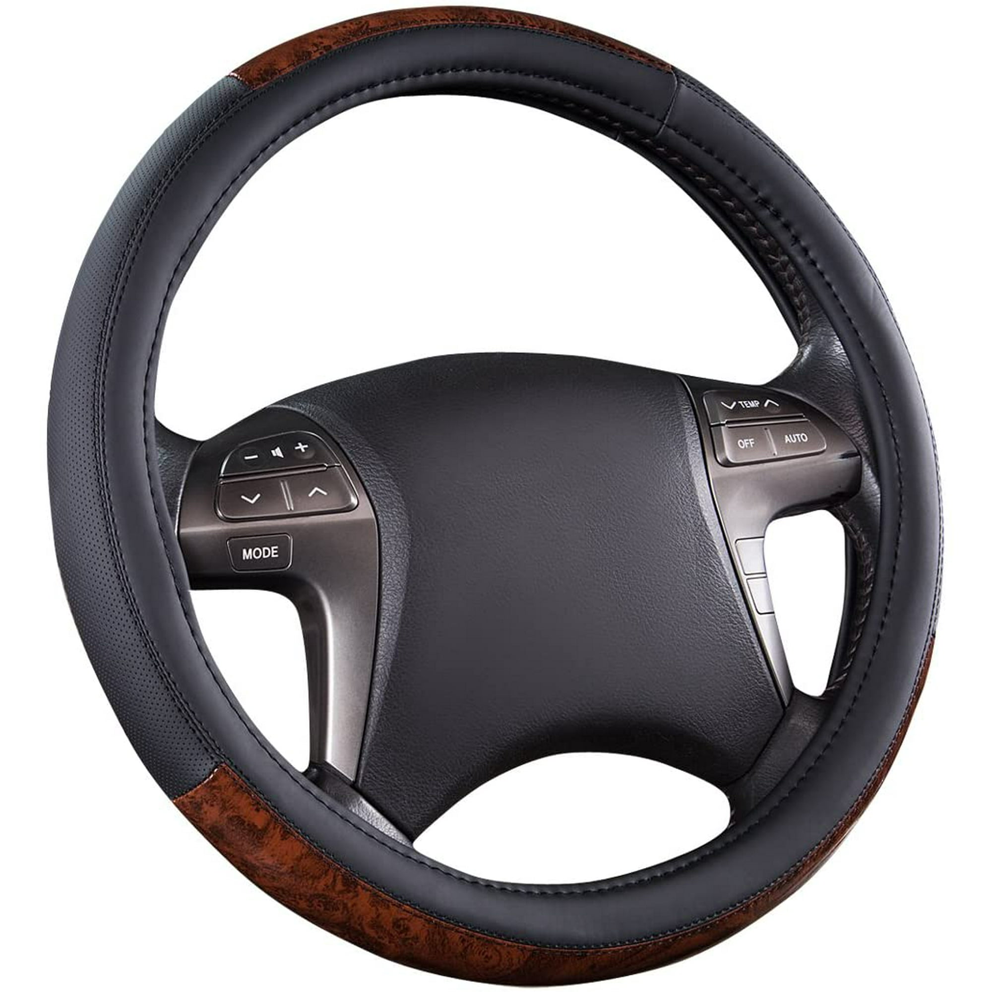 Yeater Classic Wood Grain Universal Leather Steering Wheel Cover Fit For Trucks suvs vans sedans Black Black
