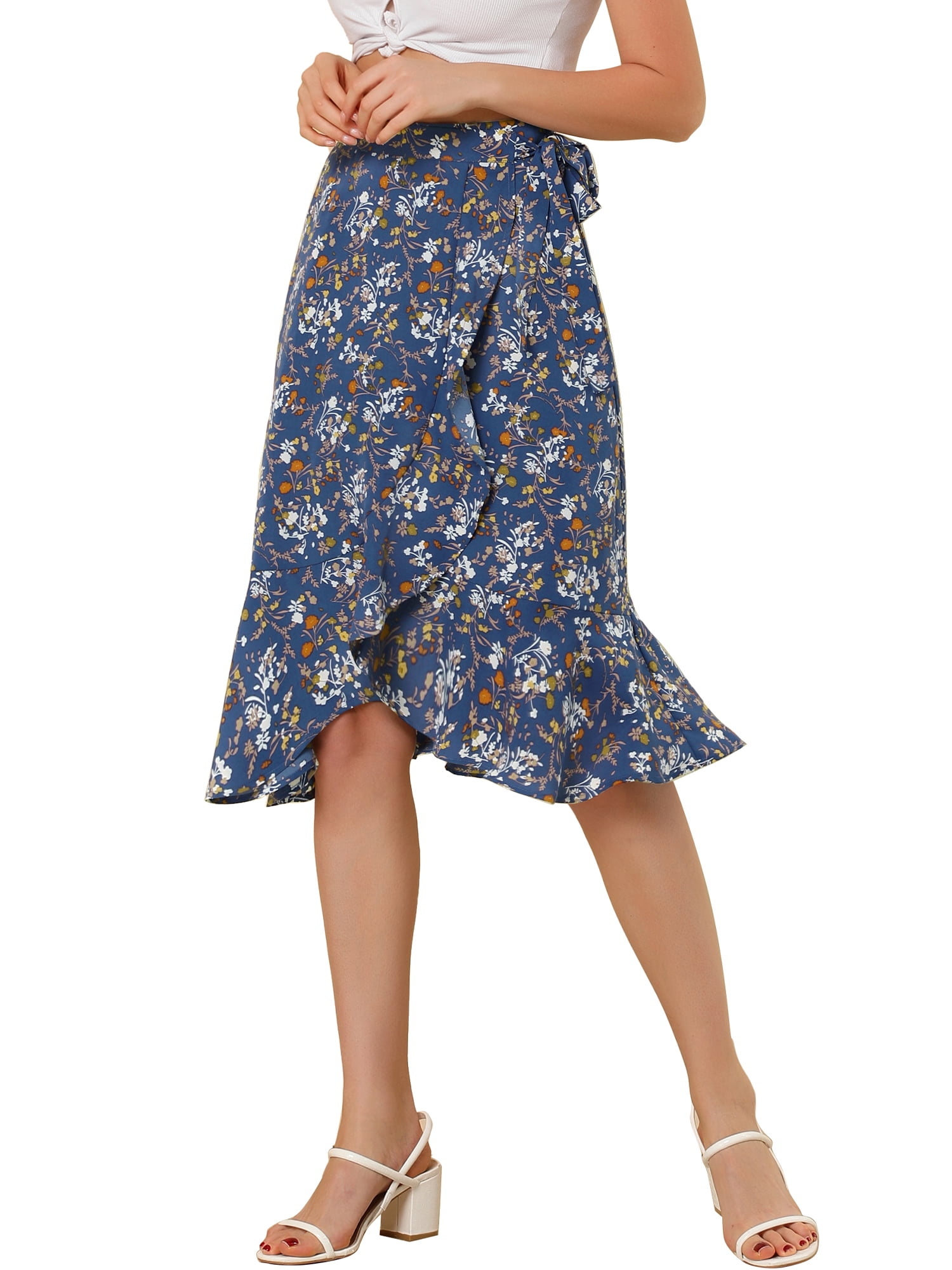 Allegra K Women's Ruffle Flare Tie Waist High Low Floral Wrap Skirt ...