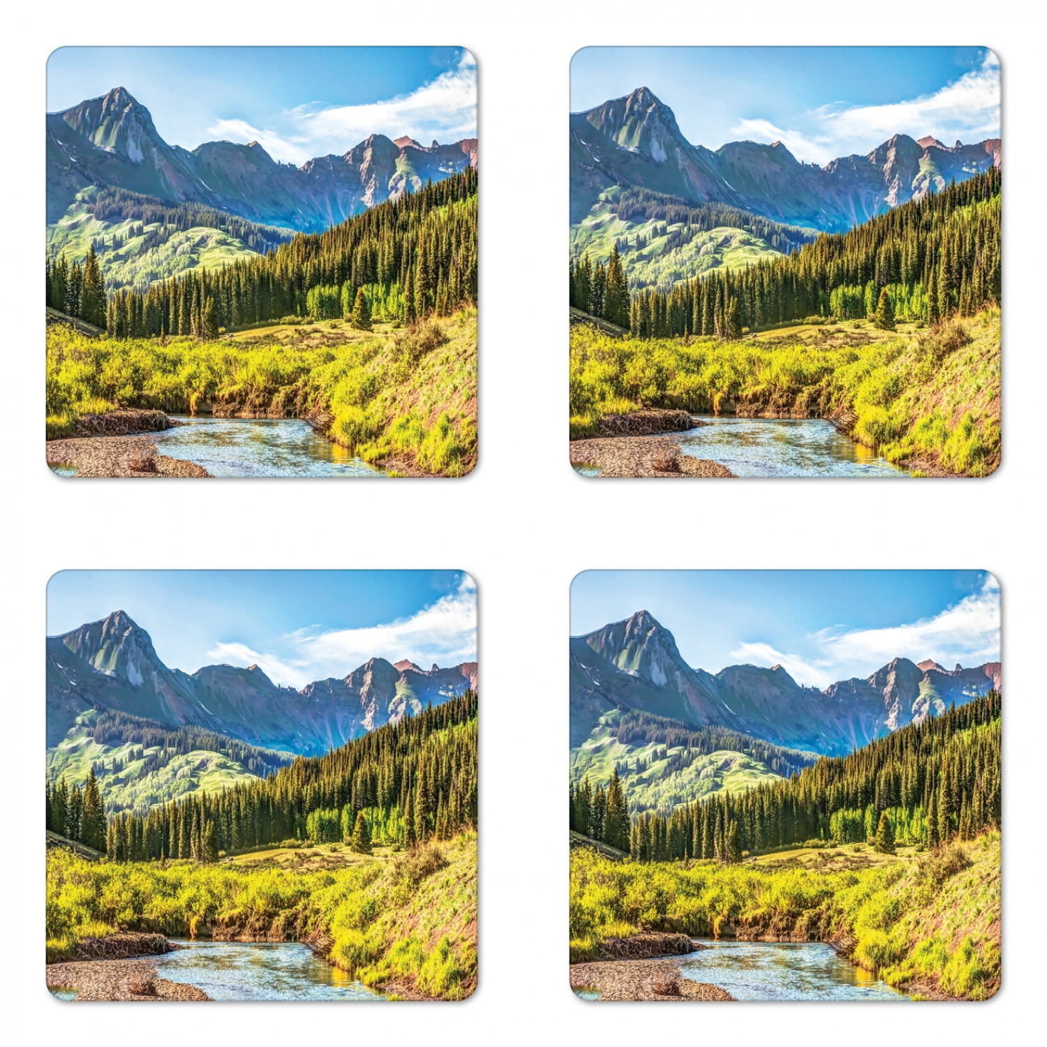 Landscape Coaster Set of 4, Mountain Vista Thick Forest Trees Mountain ...