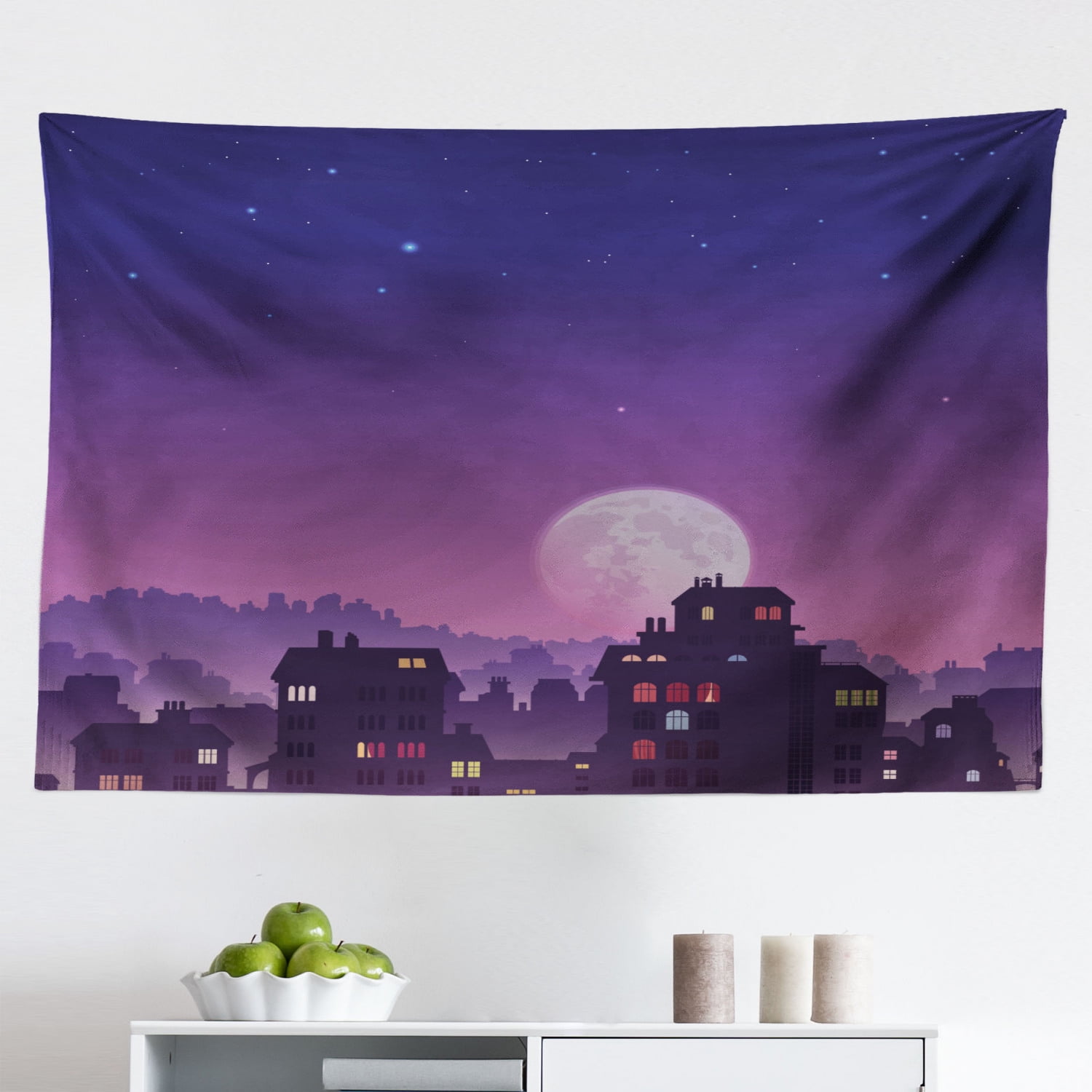 Cityscape Tapestry, Old Town Retro Art with Colorful Apartments ...