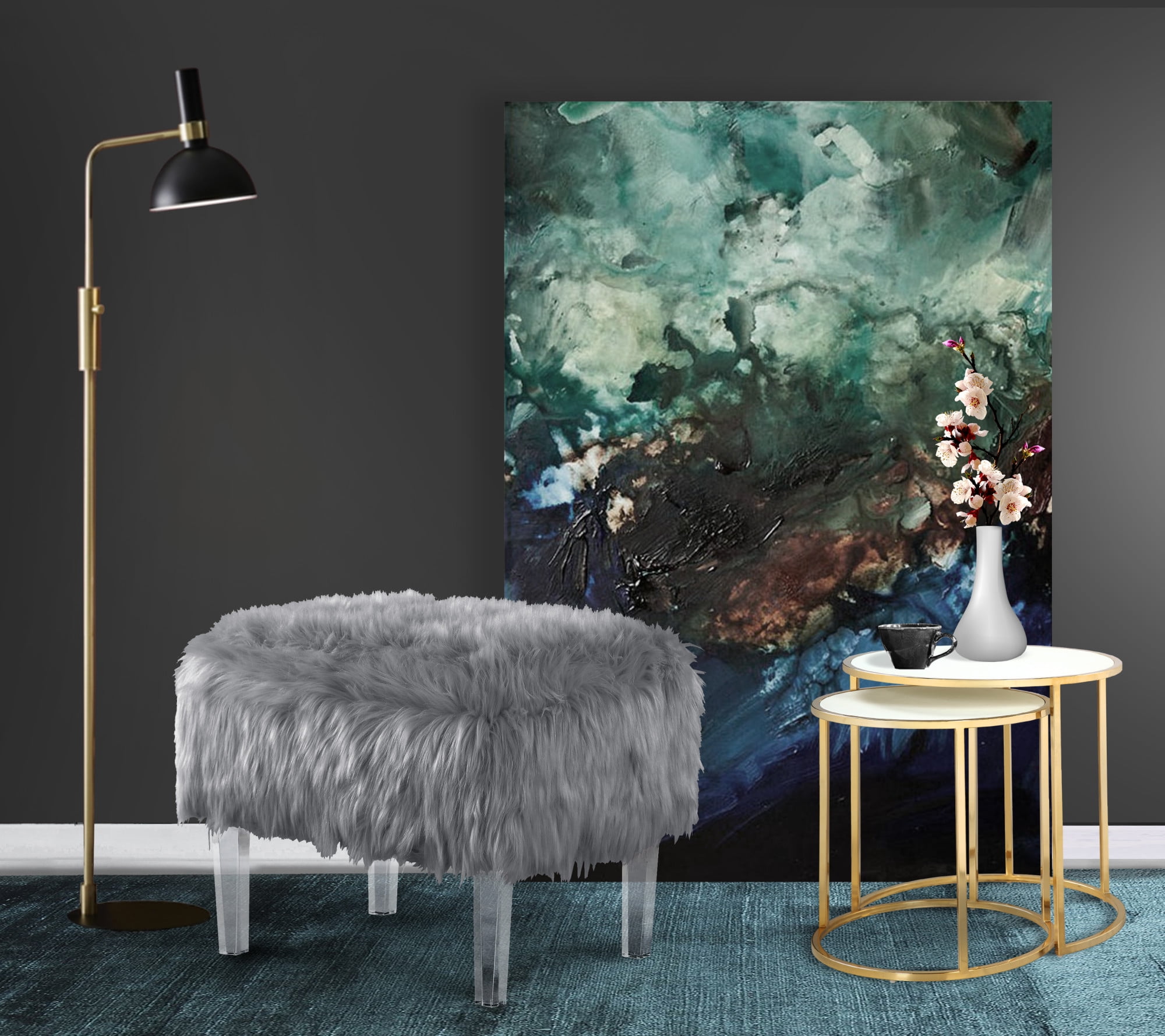 Chic Home Ricco Modern Contemporary Faux Fur Acrylic Leg Ottoman ...