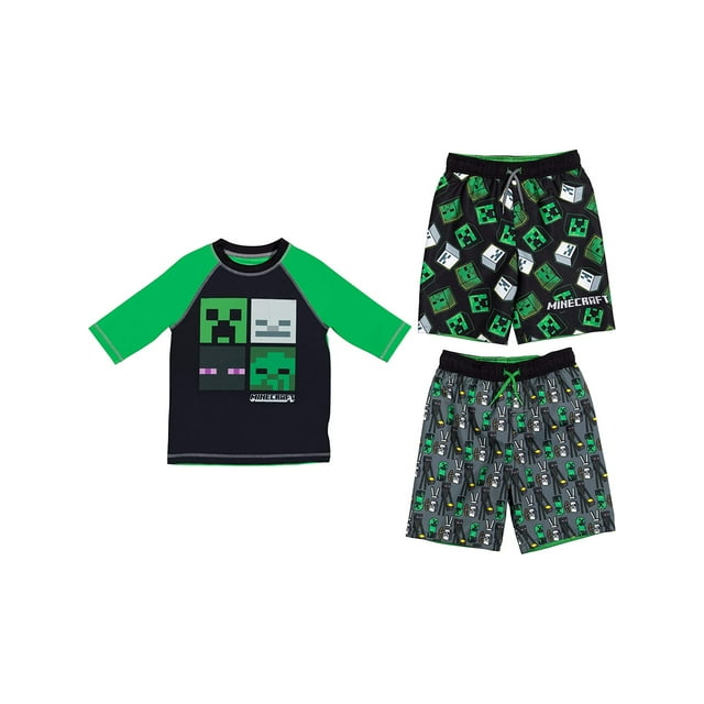 Minecraft Boys' Rash Guard and Swim Trunks Set, Black/Green (5/6 ...