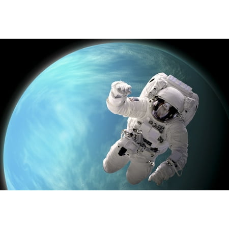 Artist's concept of an astronaut floating in outer space. A water ...