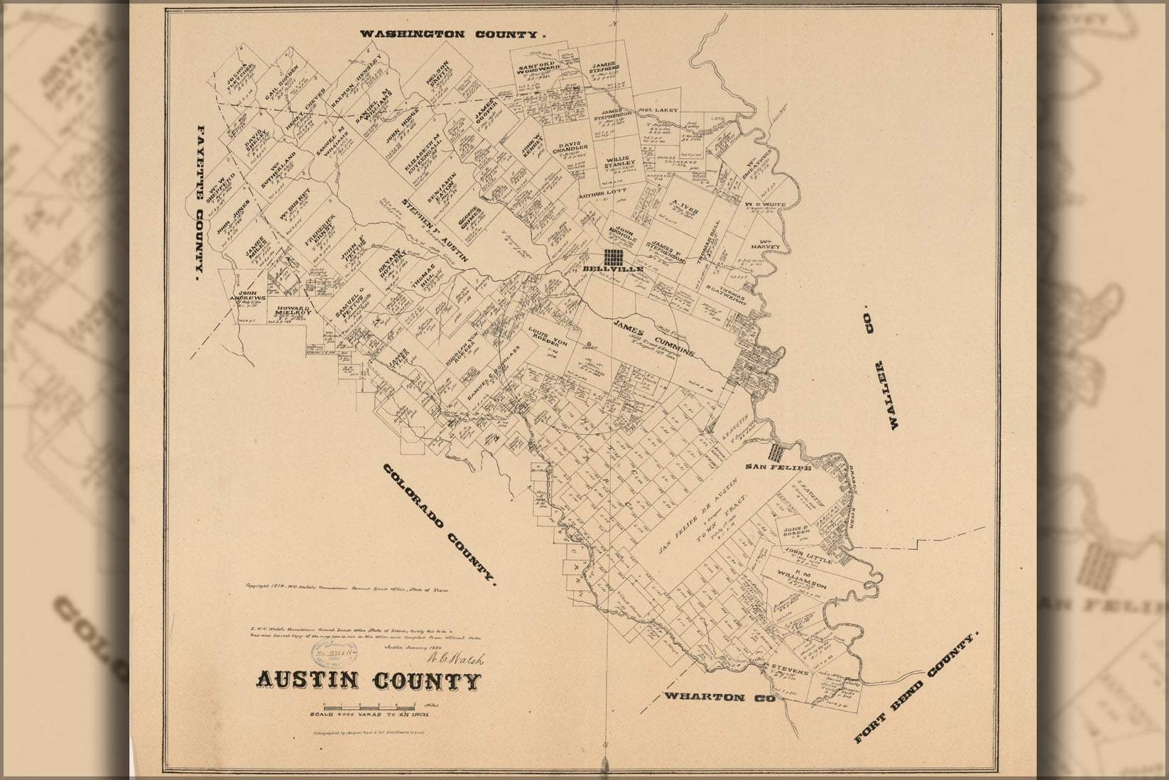 24"x36" Gallery Poster, map of Austin County texas 1880 - Walmart.com